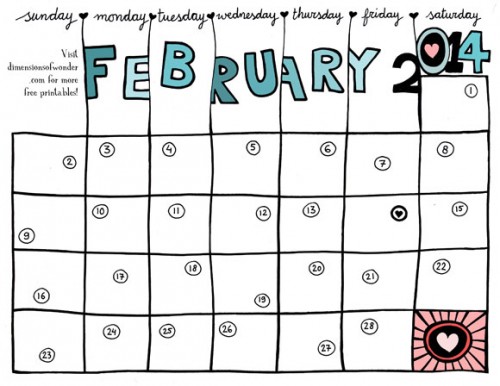 Free Printable Monthly Calendar February 2014 {Hand-Drawn} - Dimensions ...